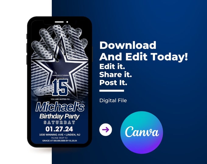 Dallas Cowboys Invitation for Birthday Party, Dak Prescott Self Edit ...