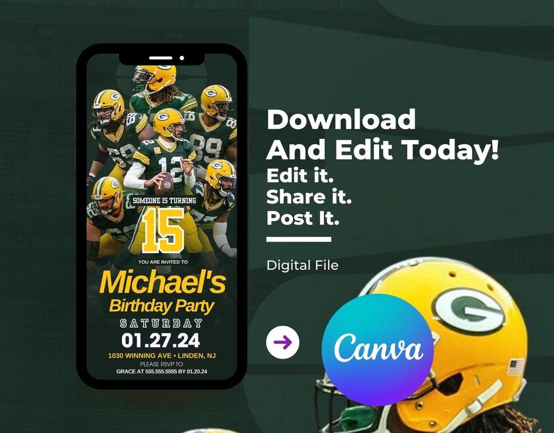 Green Bay Packers Birthday Invite Football Team Invitation Design Edit ...