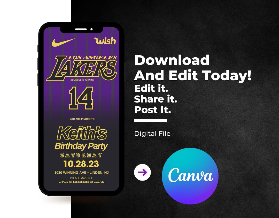 Lakers LA Birthday Invite Basketball Invitation Design Edit With Canva ...