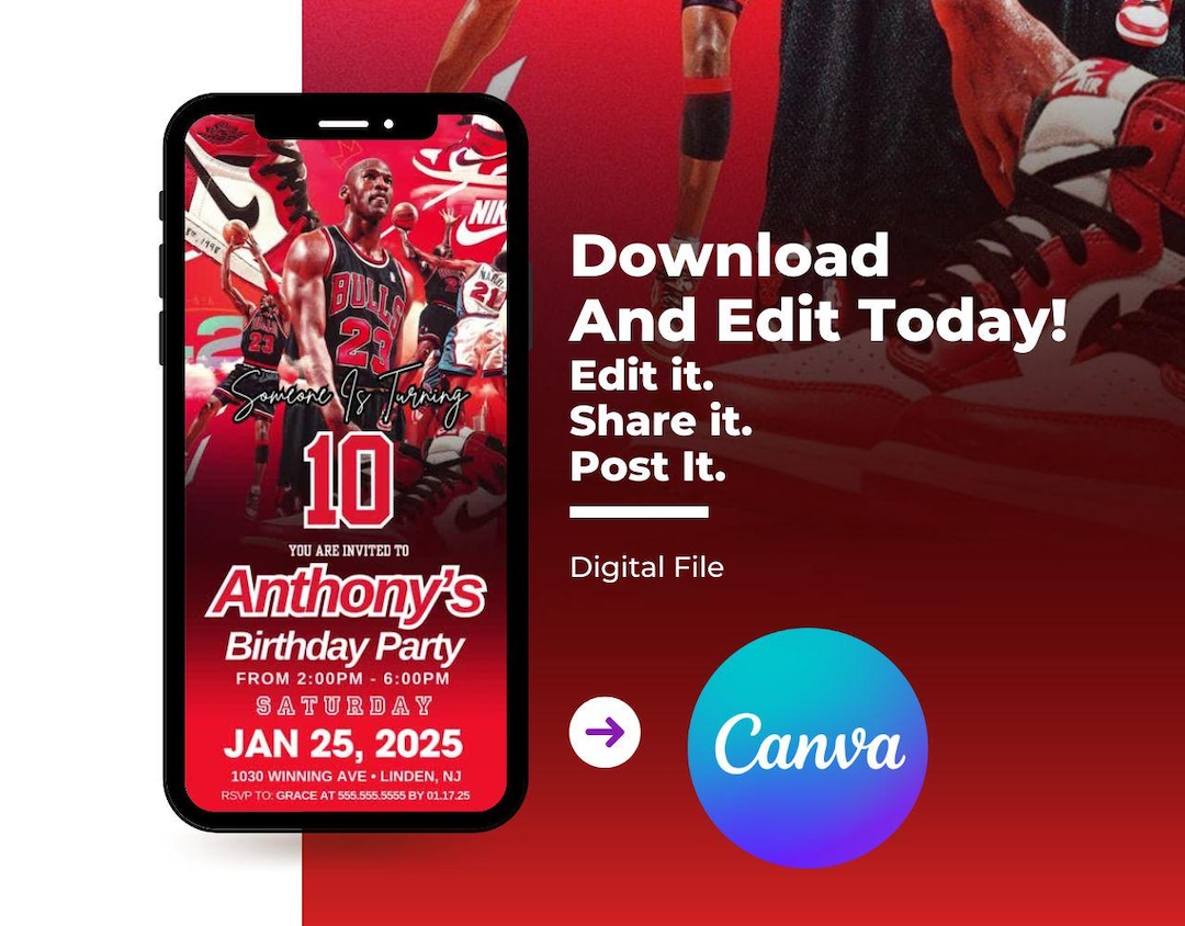 Chicago Bulls Michael Jordan Birthday Party Invite Basketball ...