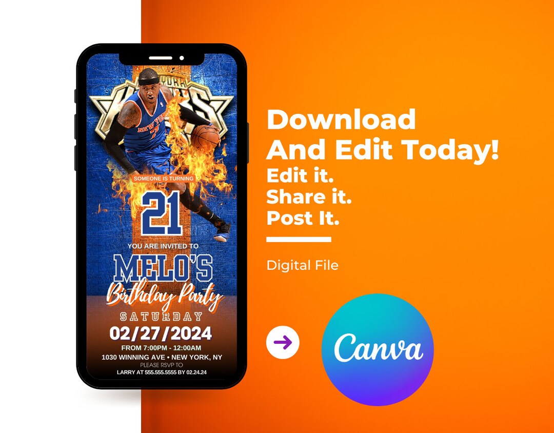 New York Knicks Birthday Party Invite Basketball Invitation Design Edit ...