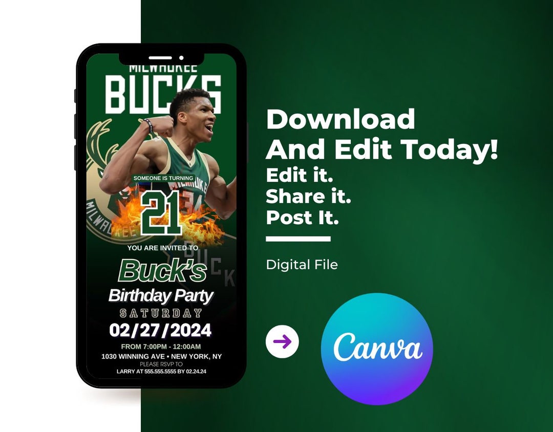Milwaukee Bucks Birthday Party Invite Basketball Invitation Design Edit ...