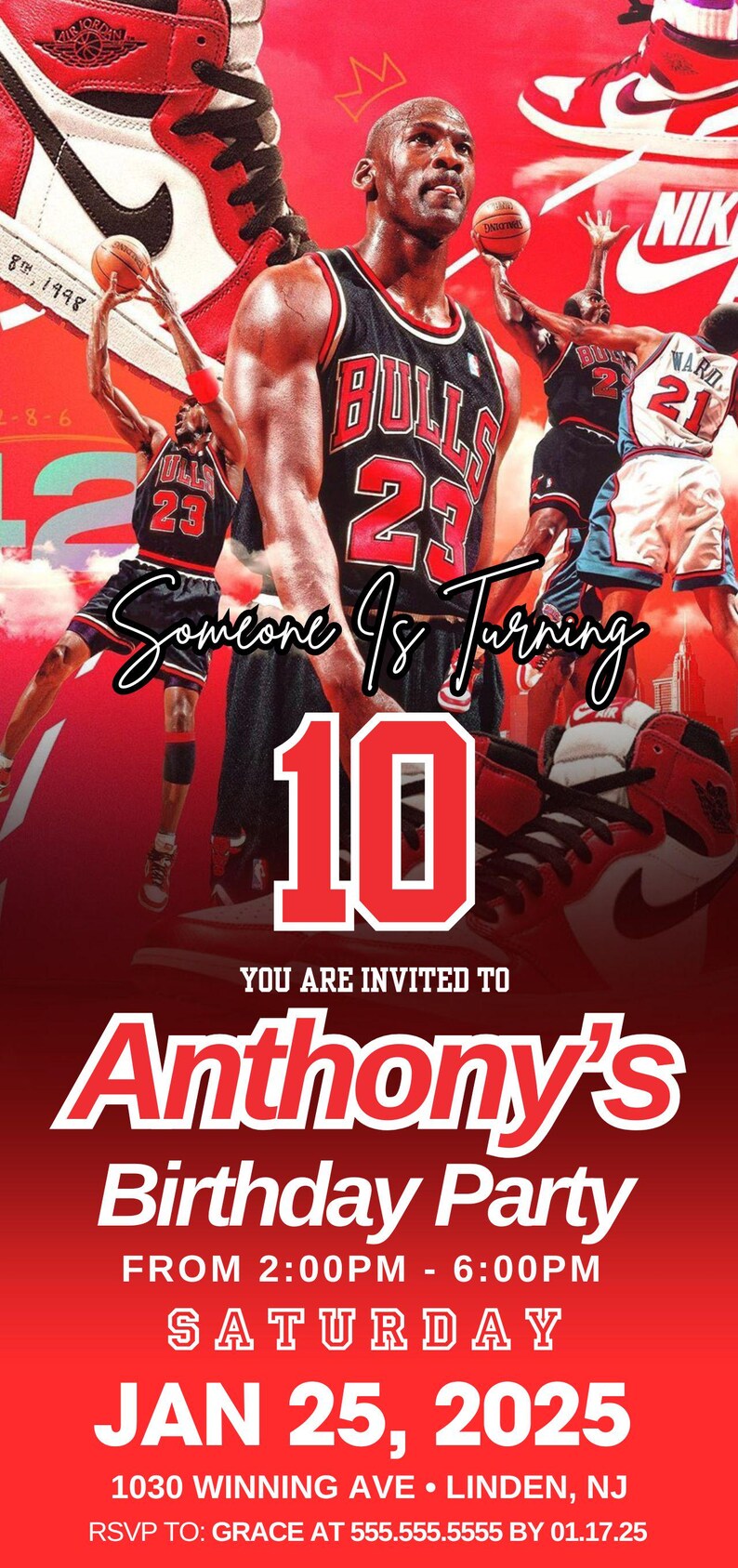 Chicago Bulls Michael Jordan Birthday Party Invite Basketball ...