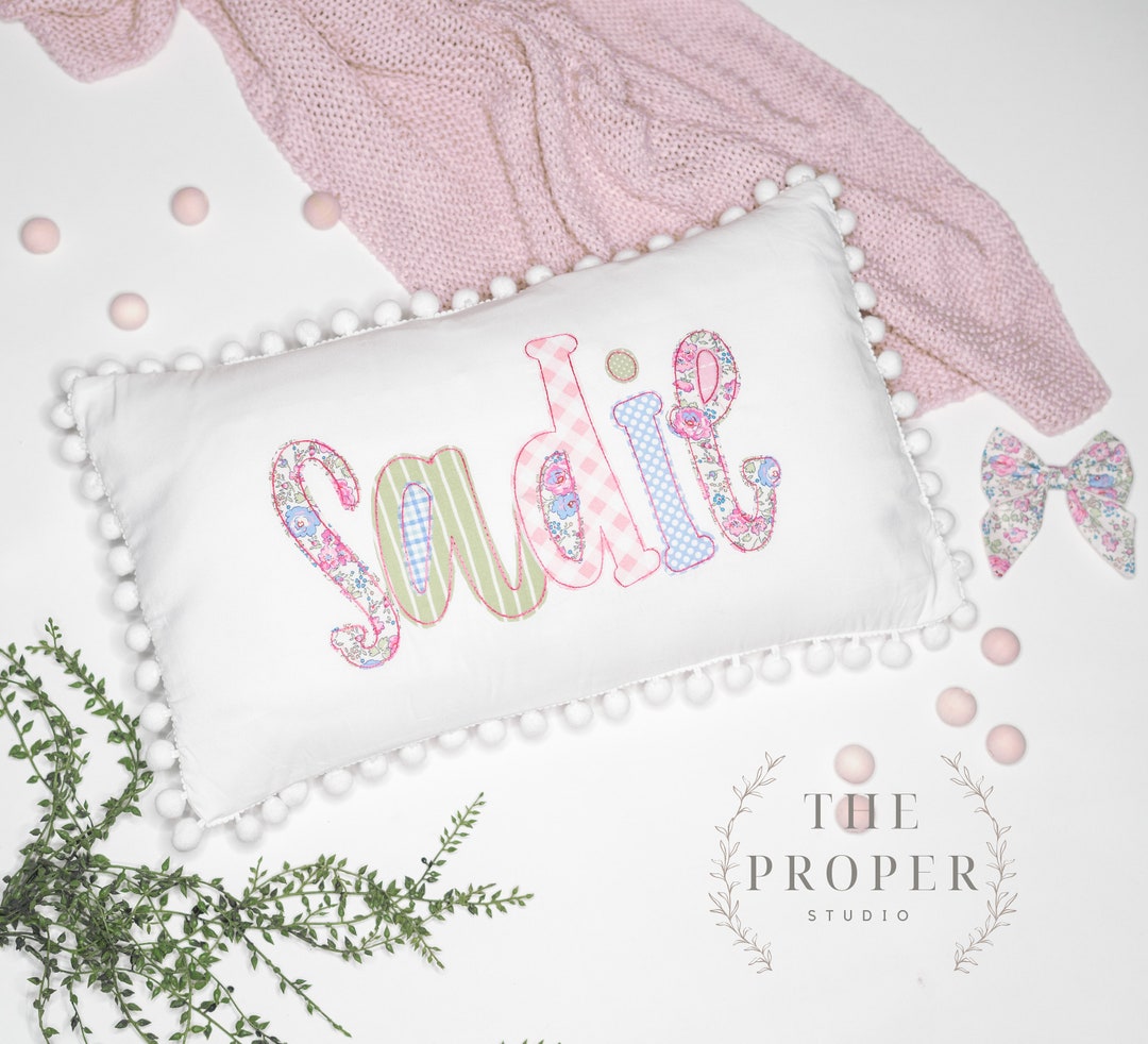 Embroidered Applique Name Pillow Case, Pom Pom Classic Boho ...