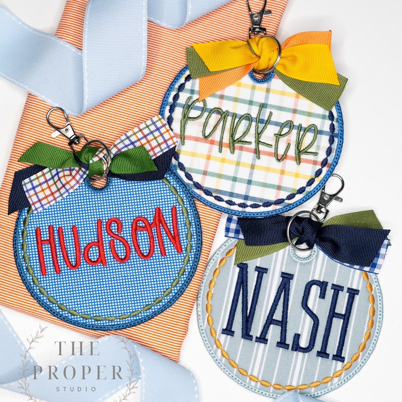 Monogrammed Personalized Backpack Tag With Bow, Embroidered Fabric ...