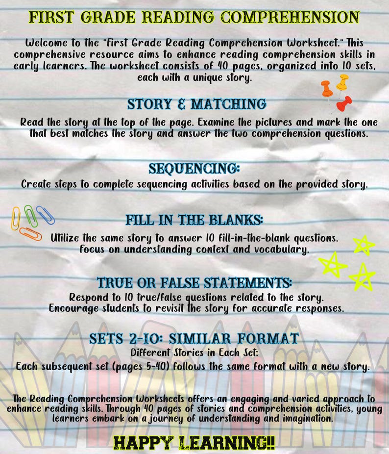 First Grade Bundle, Instant Download, Includes Reading Worksheets ...