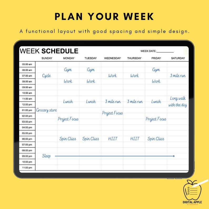 Digital Weekly Schedule Planner, Week Hourly Schedule, Landscape Week ...