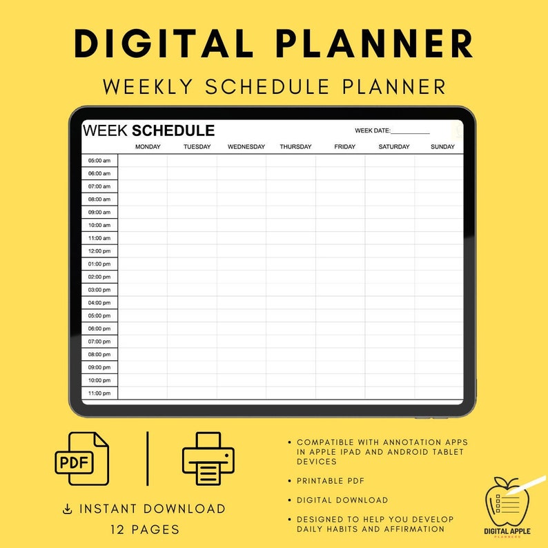Digital Weekly Schedule Planner, Week Hourly Schedule, Landscape Week ...