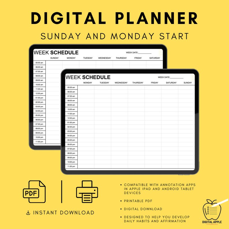 Digital Weekly Schedule Planner, Week Hourly Schedule, Landscape Week ...