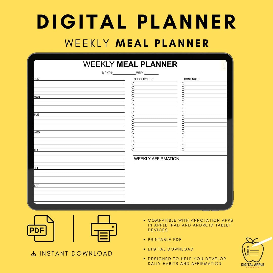 Weekly Menu Template, Digital grocery List, Food Journal, and Weekly ...
