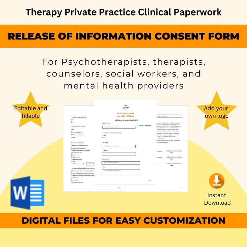Editable Release of Information Consent Form: Therapy Paperwork - Etsy