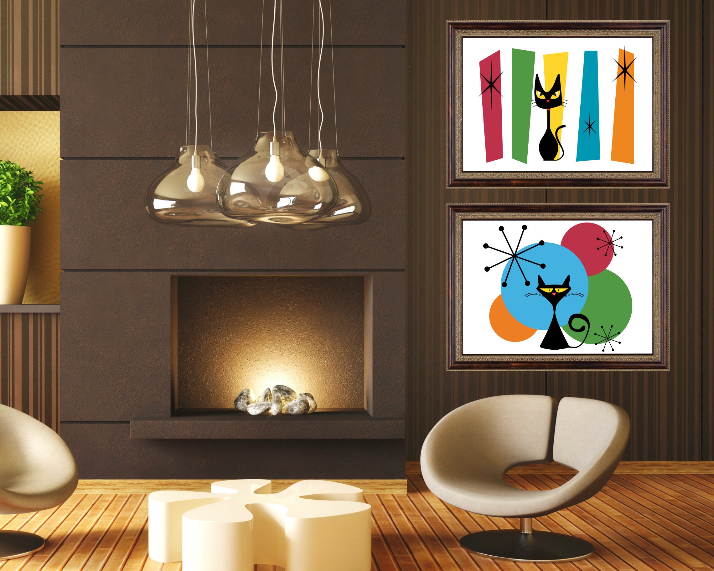 Black Atomic Cat Gallery Wall Set Colorful Printable Atomic Retro MCM ...