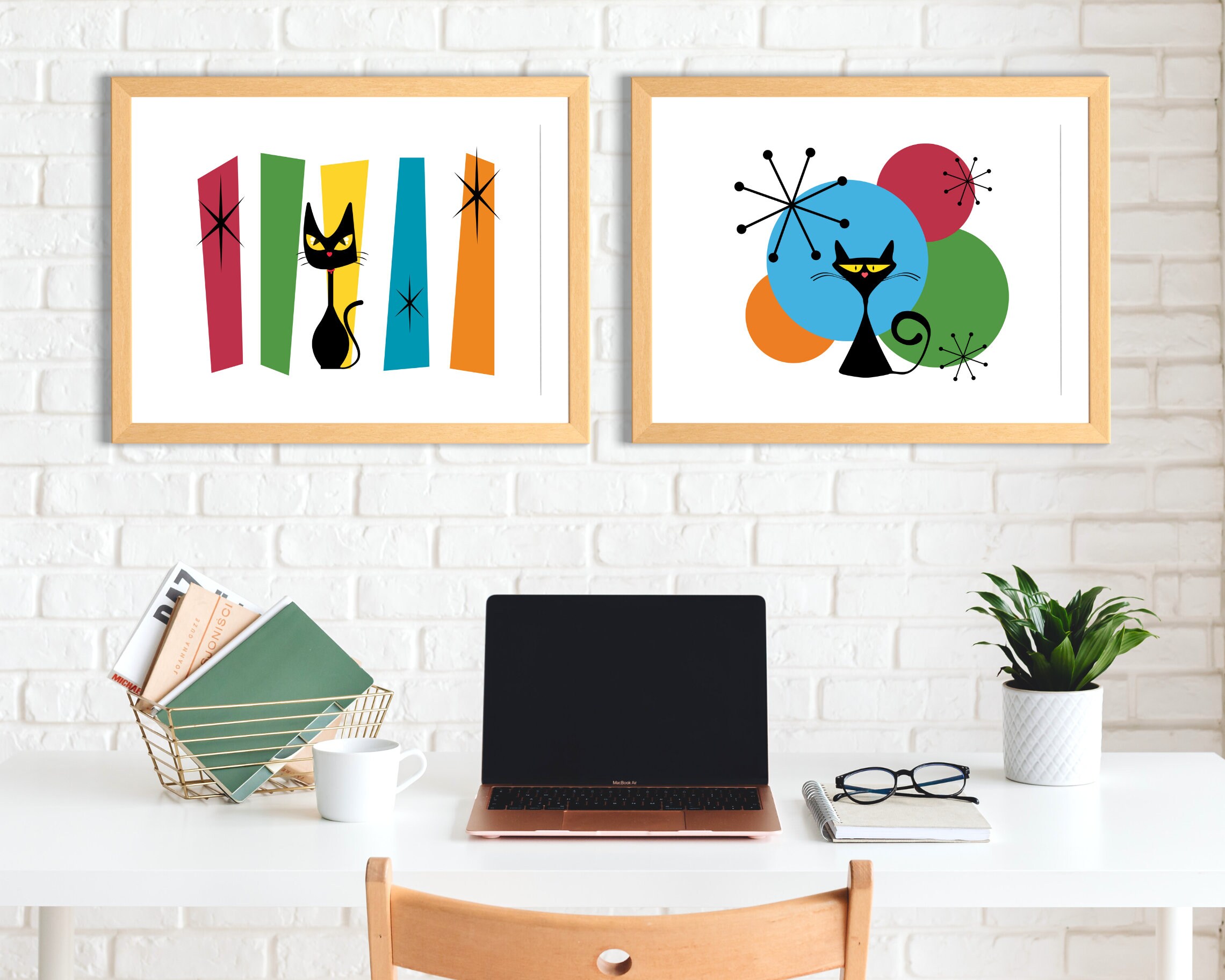 Black Atomic Cat Gallery Wall Set Colorful Printable Atomic Retro MCM ...