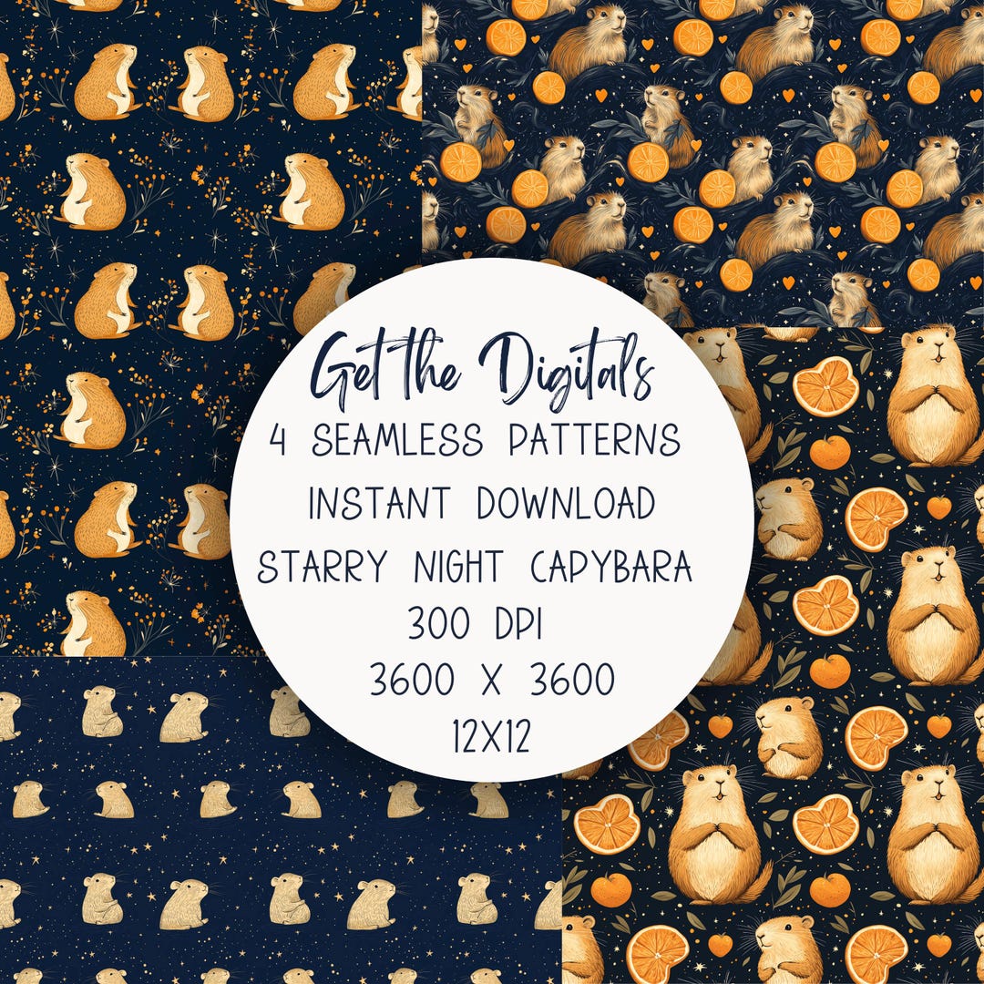 4 Pack of Seamless Starry Night Capybara Digital Papers for Sublimation ...