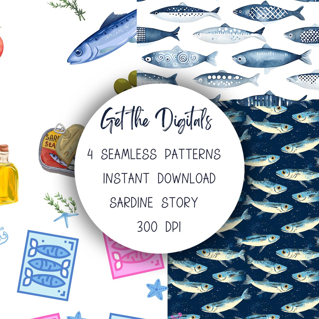 4 Pack of Seamless Sardines Pattern Papers for Crafting, Great for ...