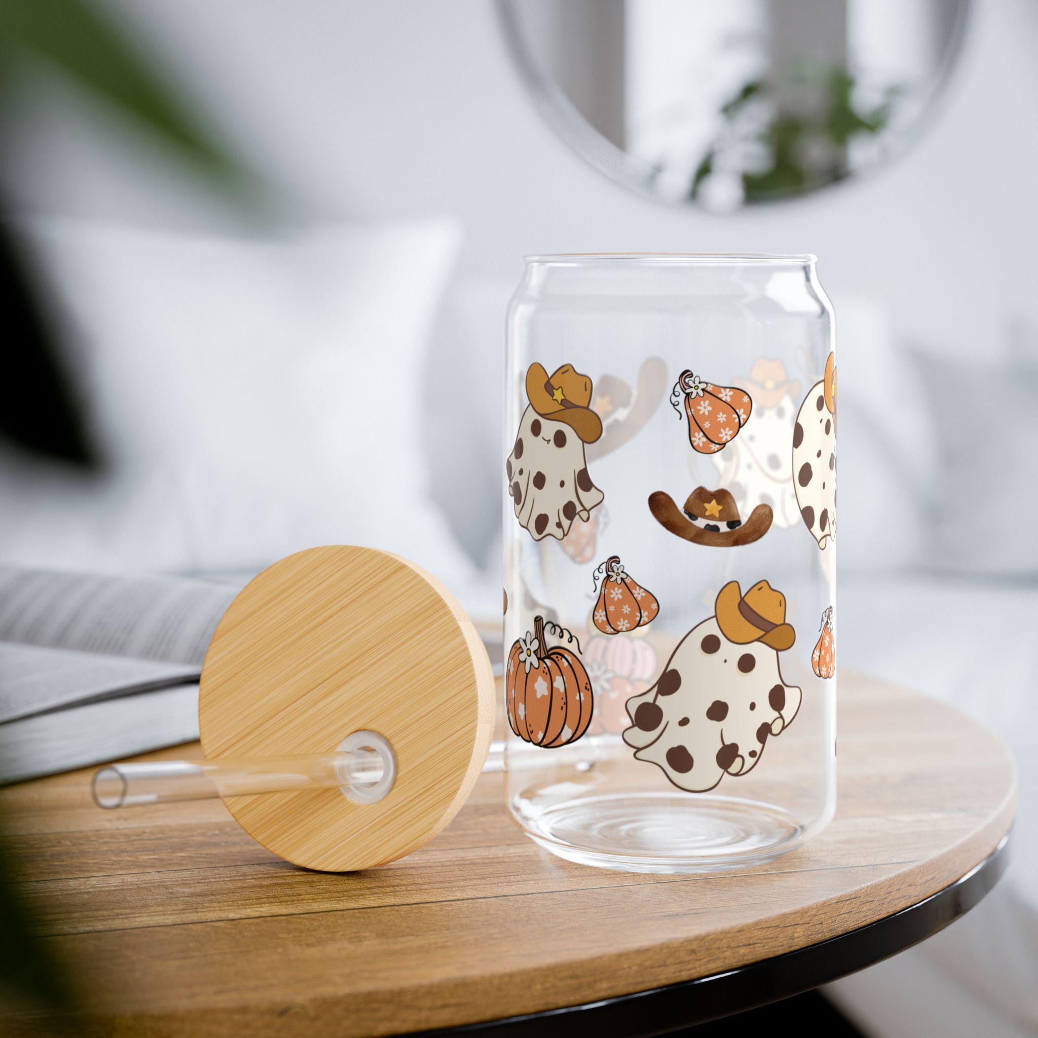 Halloween Cowboy Ghost Halloween Fun, Whimsical Glass Can Tumbler Wrap ...