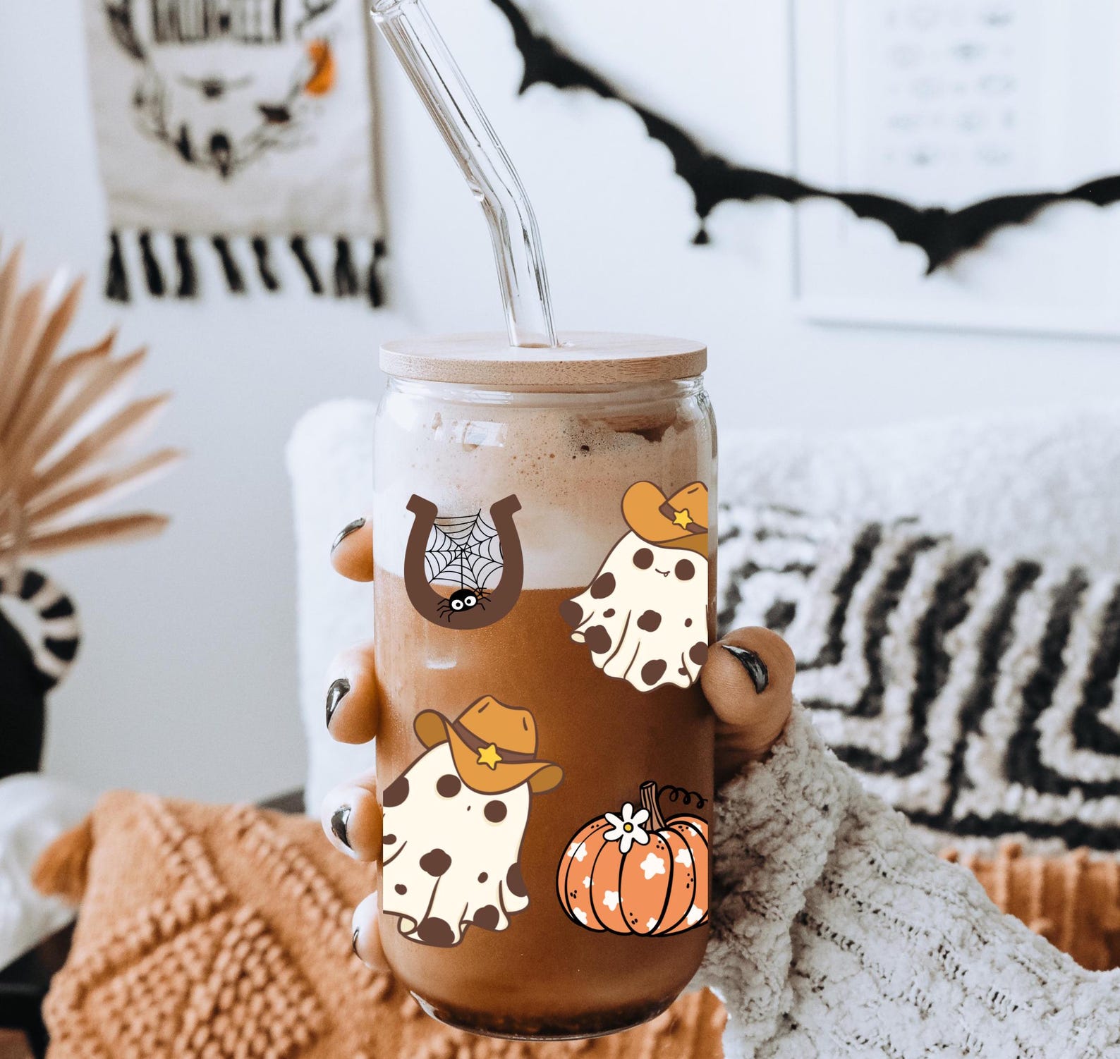 Halloween Cowboy Ghost Halloween Fun, Whimsical Glass Can Tumbler Wrap ...