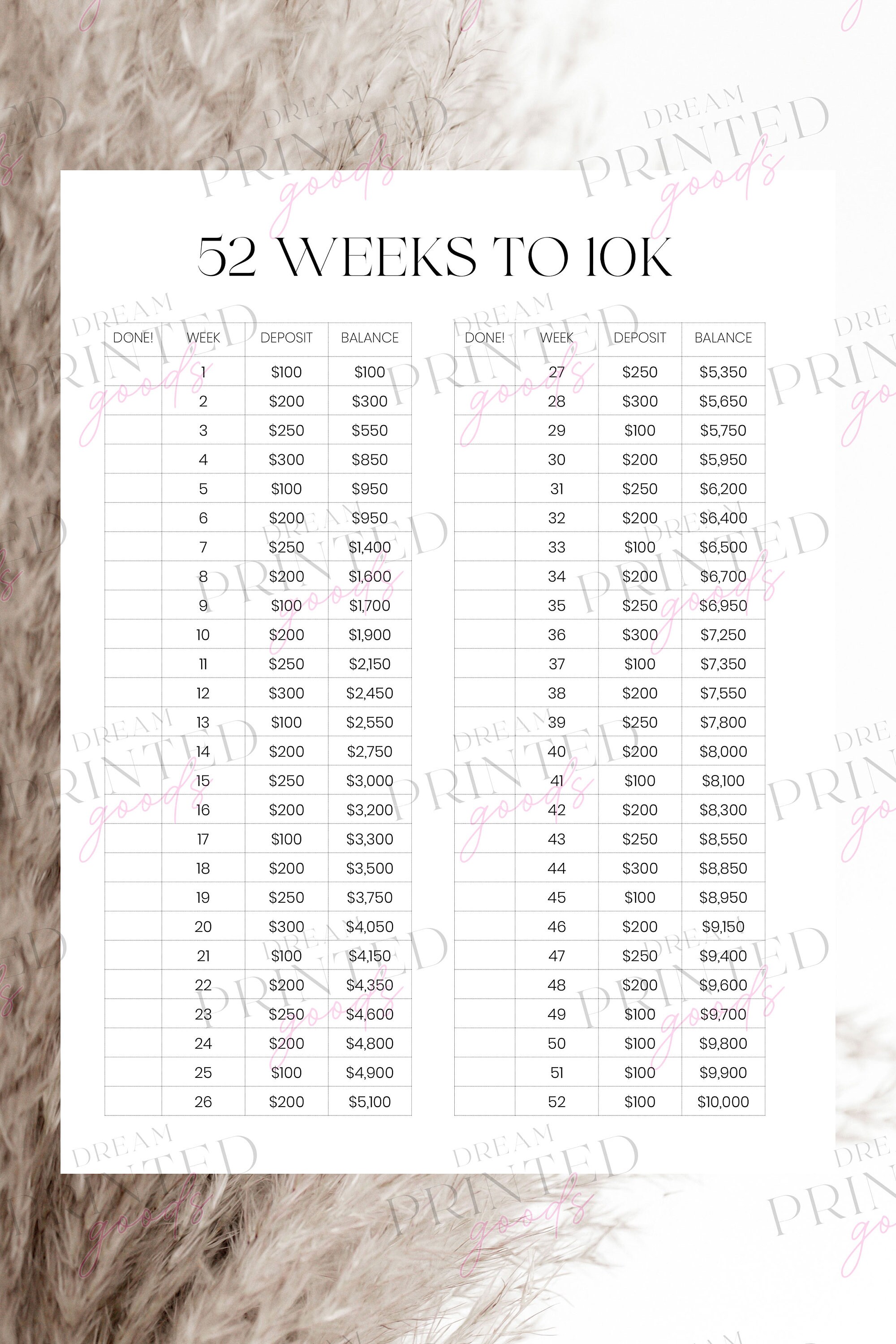 52 Weeks to 10K Minimal Printable Savings Challenge - Etsy