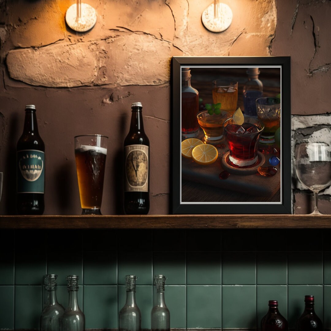 Bar Printable Wall Art, Whiskey Glass, Mixed Alcoholic Drinks on Table ...