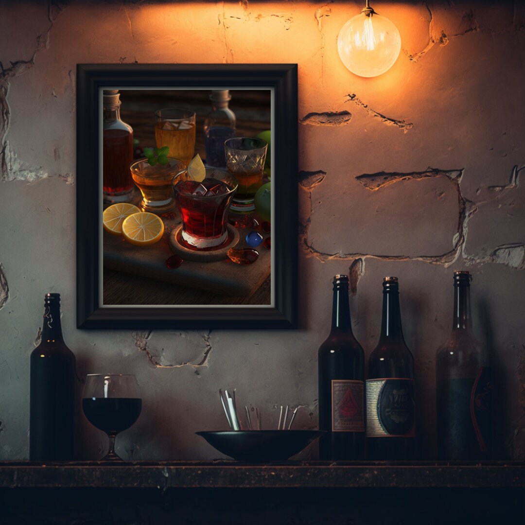Bar Printable Wall Art, Whiskey Glass, Mixed Alcoholic Drinks on Table ...