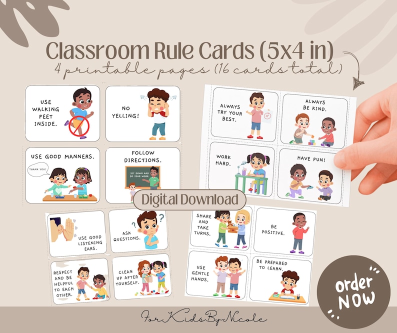 Classroom Rule Cards, Printable Classroom Decor, 5x4 Inch Digital ...