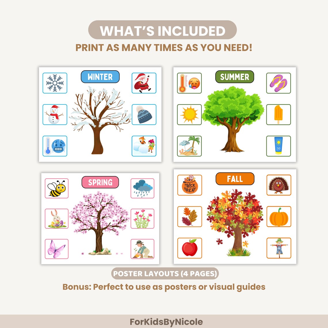 Seasons Matching Activity for Kids: Educational Game (digital Download ...
