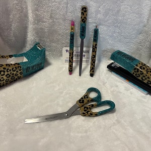 6 Piece Glitter Leopard Print Office Supply Set, Resin Scissors, Resin ...