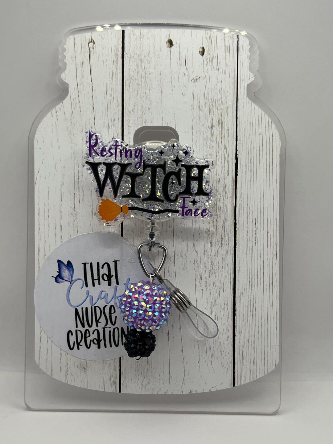 Resting Witch Face Badge Reel: Halloween Glitter Beaded Name Holder ...