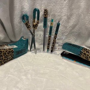 6 Piece Glitter Leopard Print Office Supply Set, Resin Scissors, Resin ...