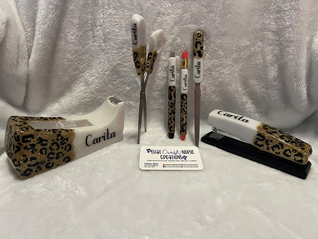 6 Piece Glitter Leopard Print Office Supply Set, Resin Scissors, Resin ...