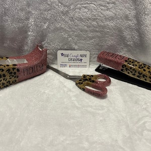 6 Piece Glitter Leopard Print Office Supply Set, Resin Scissors, Resin ...