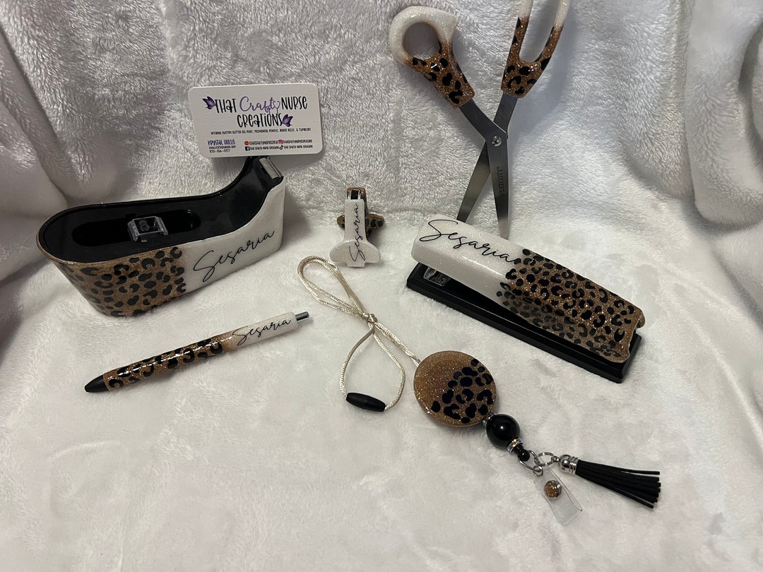 8 Piece Glitter Leopard Print Resin Office Supply Set, Resin Scissors ...