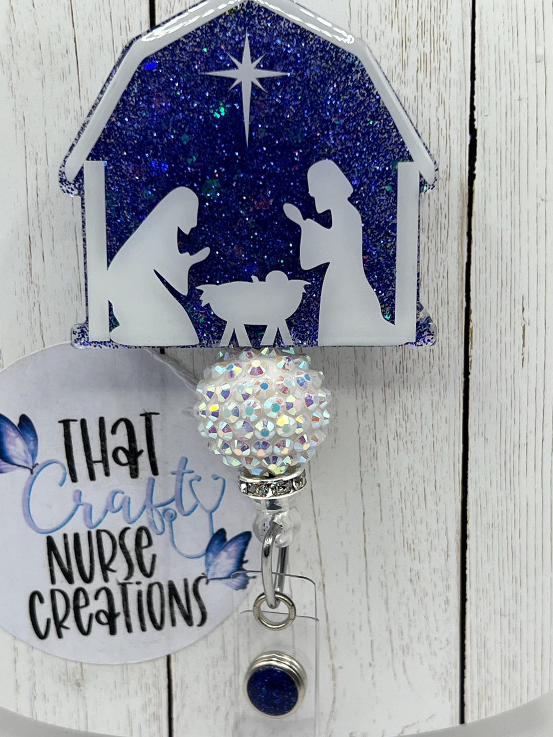 Nativity Scene Badge Reel: Blue Glitter, Christmas Manger ...