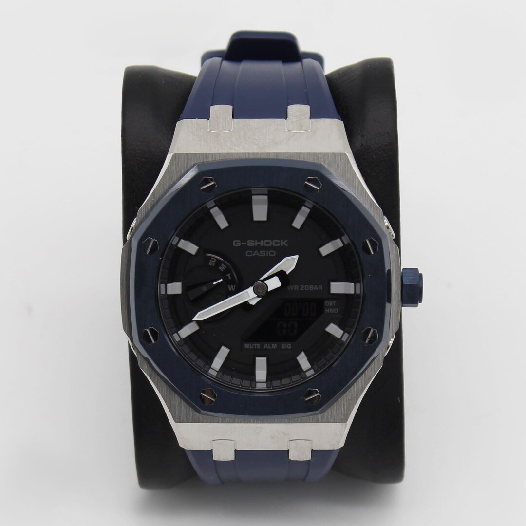 Casioak Custom G-shock GA2100 Mod Navy Rubber Strap and Bezel Stainless ...