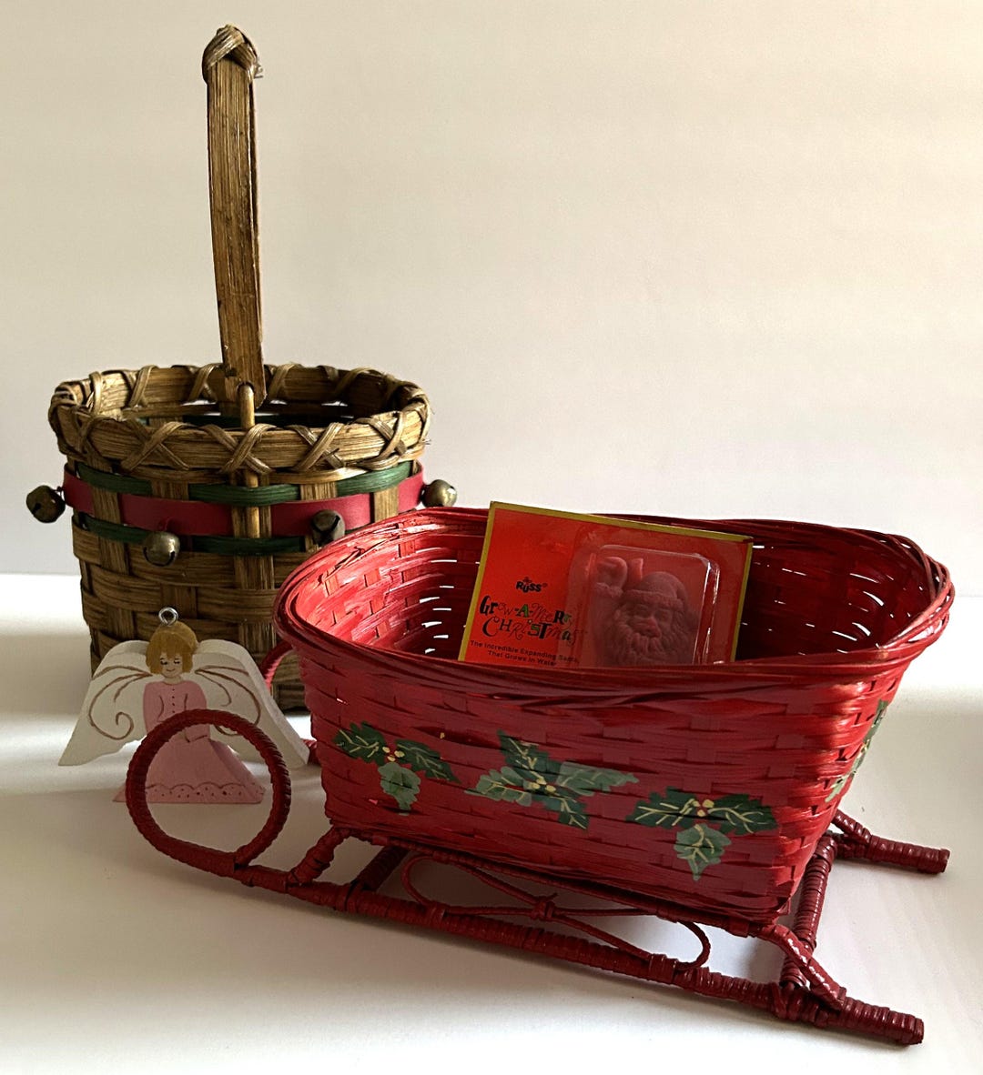 2 Christmas Baskets Red Wicker Sleigh and Jingle Bell Basket With ...