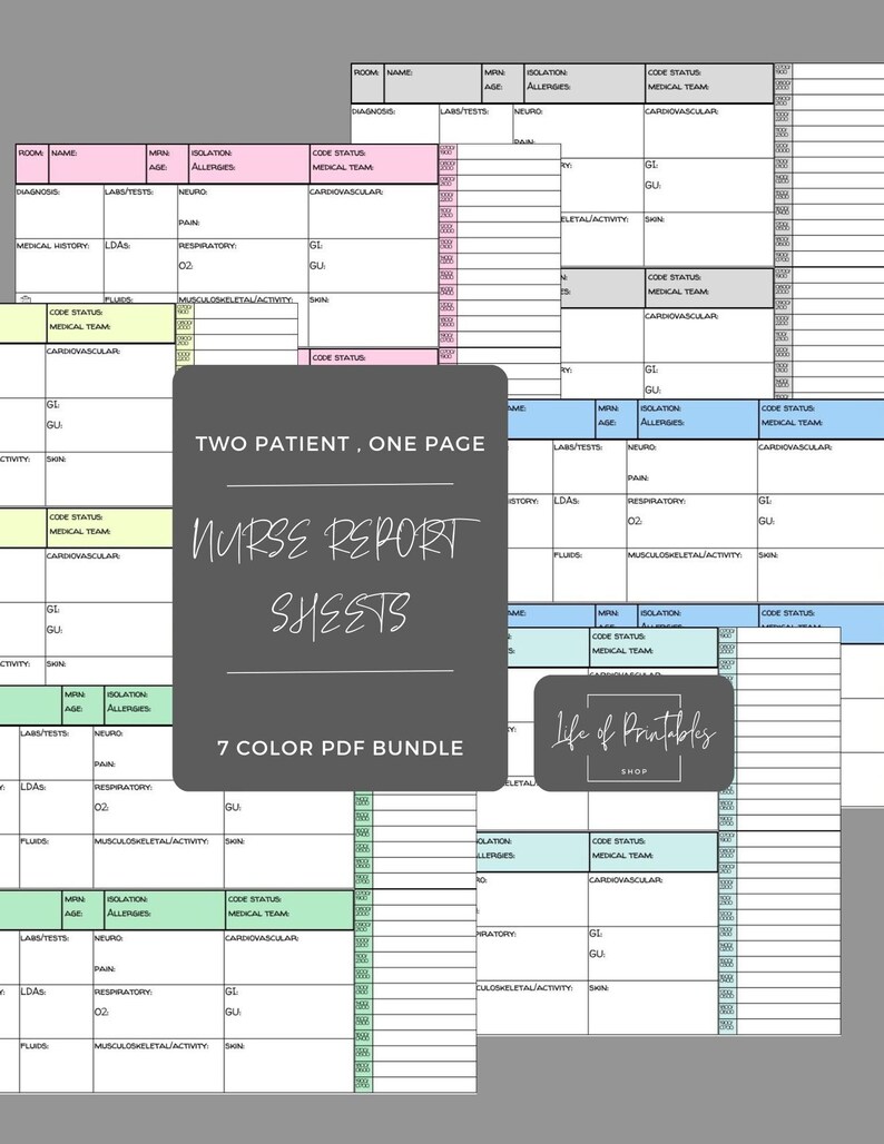 Nurse Report Sheet Bundle, 7 Colors, Two Patient One-sided Brain With ...
