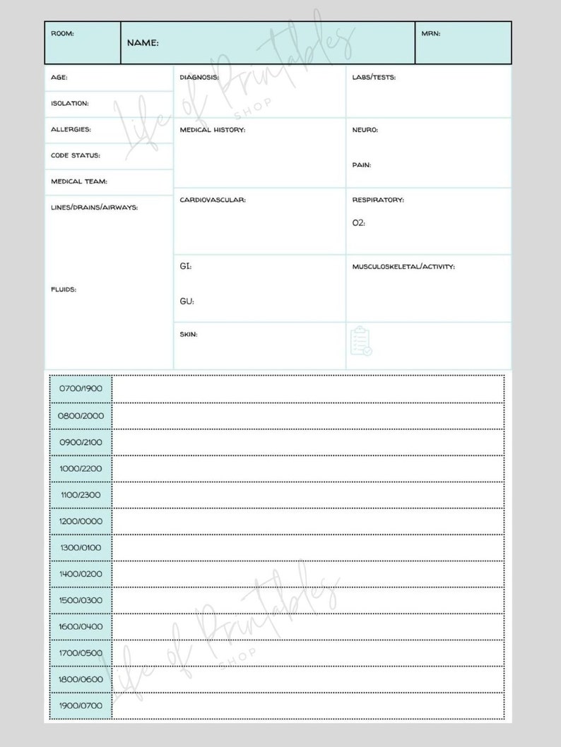 Nurse Report Sheet Bundle, 7 Colors, Single Patient Double-sided Brain ...
