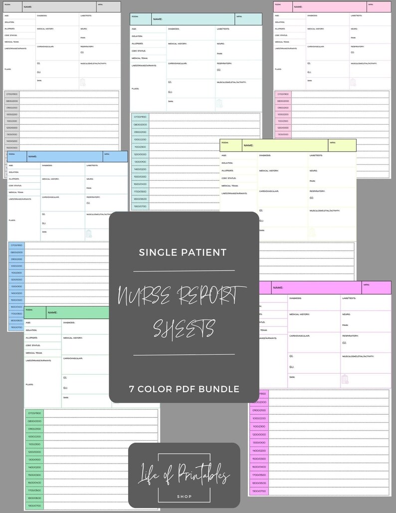 Nurse Report Sheet Bundle, 7 Colors, Single Patient Double-sided Brain ...