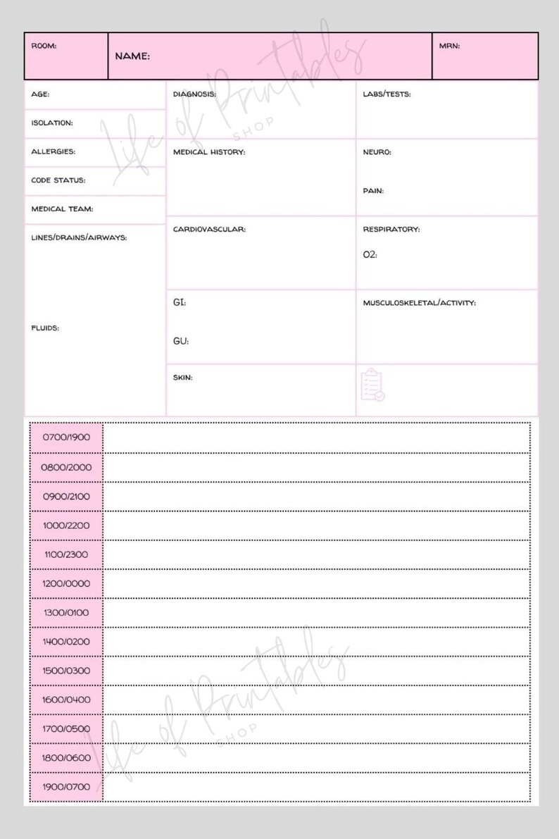 Nurse Report Sheet Bundle, 7 Colors, Single Patient Double-sided Brain ...