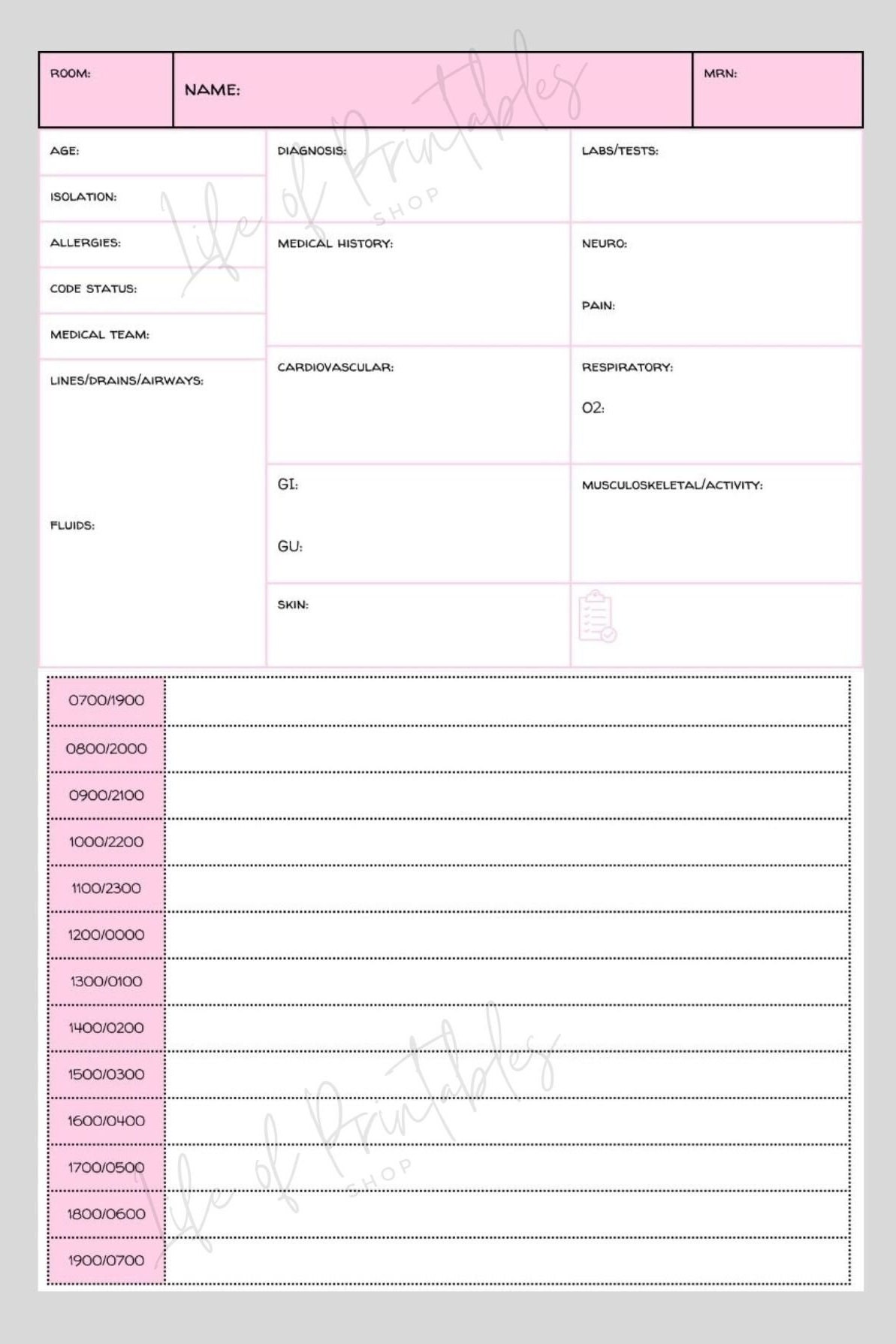 Nurse Report Sheet Bundle, 7 Colors, Single Patient Double-sided Brain ...