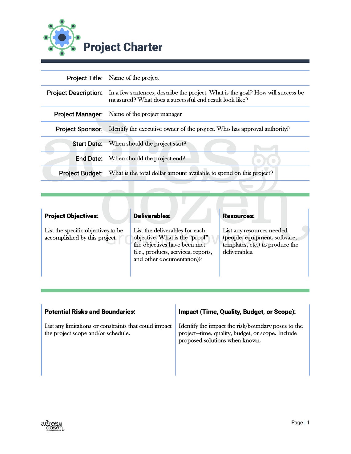 Project Management: Project Charter Template (digital Download) - Etsy
