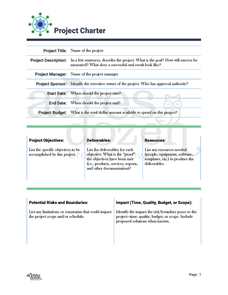 Project Management: Project Charter Template (digital Download) - Etsy