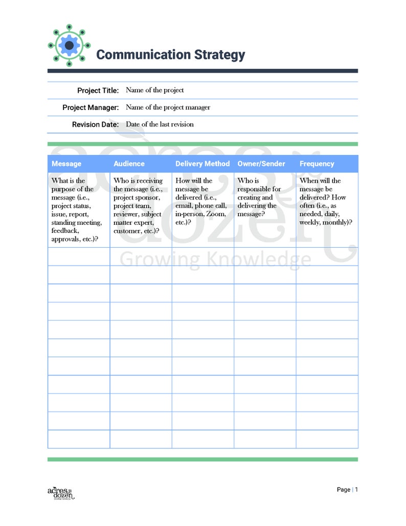 Project Management: Communication Strategy Template (DIGITAL DOWNLOAD ...