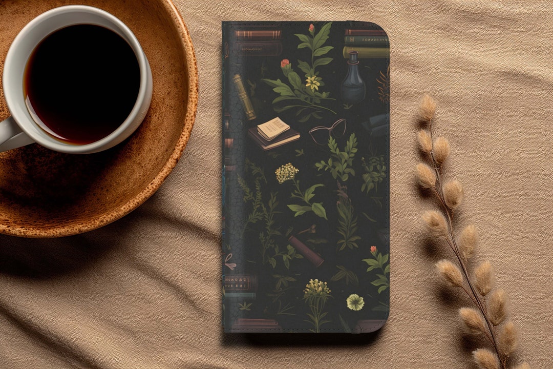 Floral Bookish Wallet Phone Case, Dark Academia Flowers & Books for ...