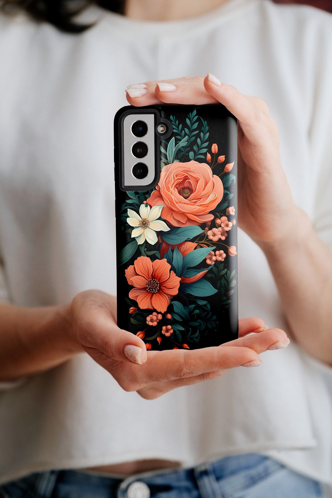 Peach Rose & Daisy on Teal Spring Phone Case: Samsung Galaxy S24 S23 Plus Ultra, iPhone 15 14 ...