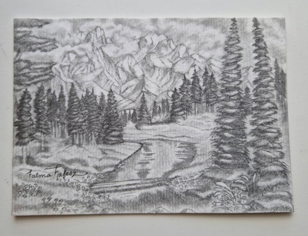Graphite Pencil Miniature Nature Landscape Sketch Postcard Size Artist ...