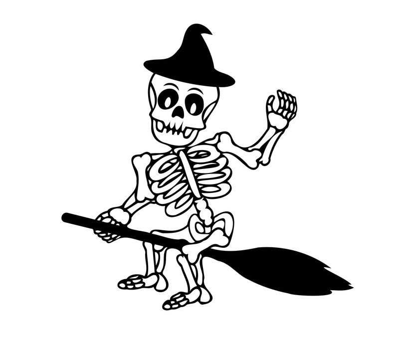 Skull Skeleton, Skeleton on Flying Broom, Witch Skeleton, Halloween ...