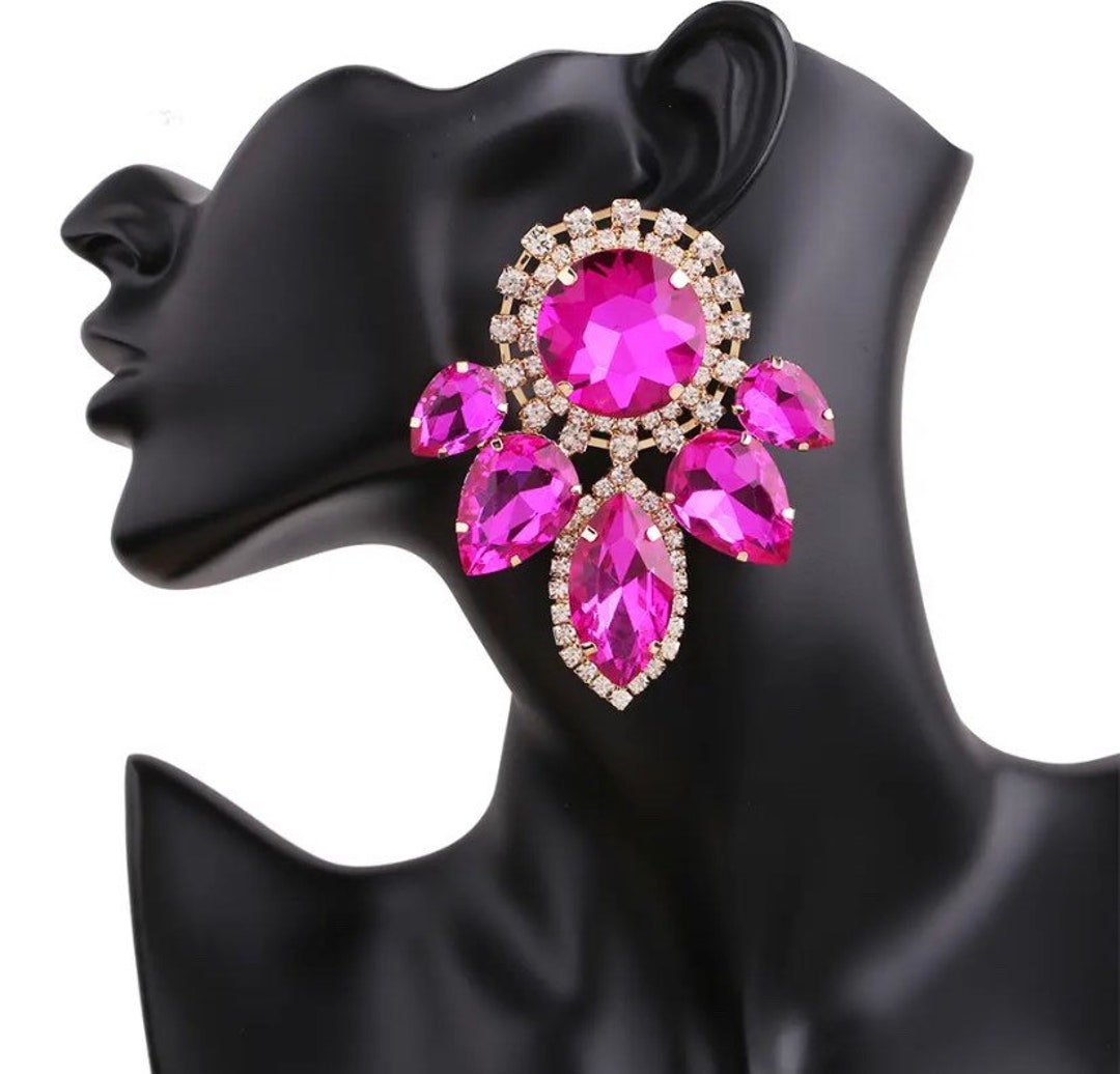 Pink Clip on Earringsrhinestone Geometric Earringswomen - Etsy