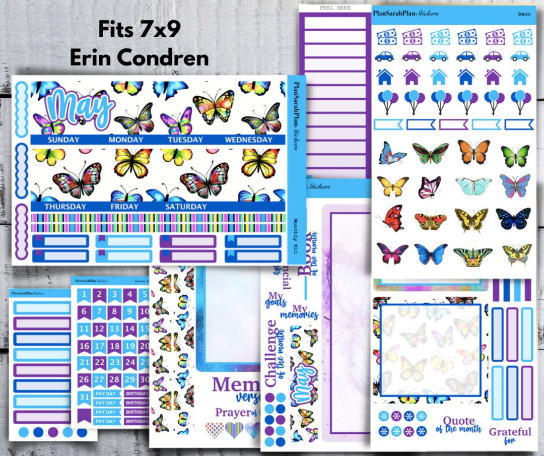 7x9 May Butterflies Monthly Sticker Kit for EC Lifeplanner Month View ...