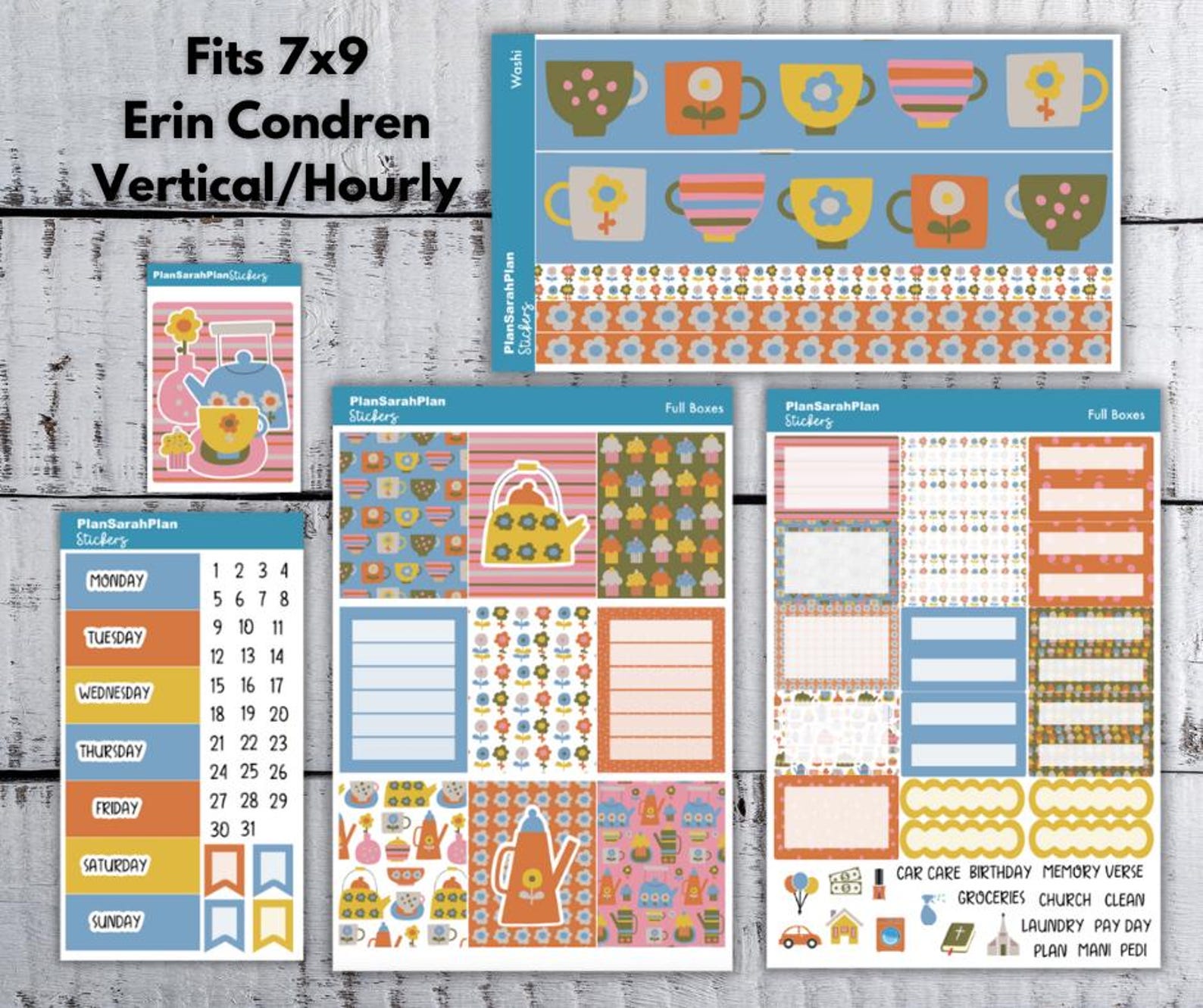 Vertical/hourly TEA TIME Weekly Sticker Kit for Erin Condren 7x9 ...